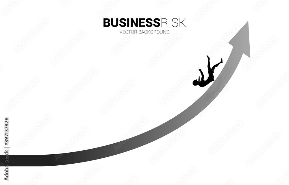 silhouette of businesswoman slip and falling down from growing arrow ...