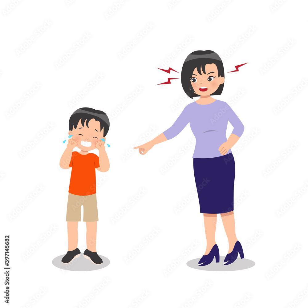 Mother getting angry at her son. Cute boy crying scolded by his mom ...