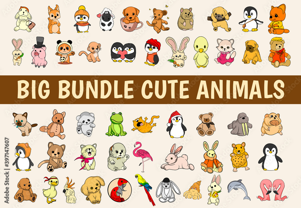 Animals cartoon bundle. Set of animal collection vector illustration ...