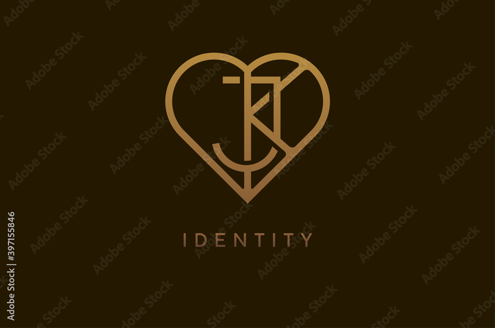 Abstract initials J and K logo, gold colour line style heart and letter ...