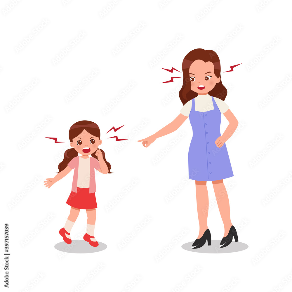 Mother pointing at her daughter. Fight and argue between parent and ...