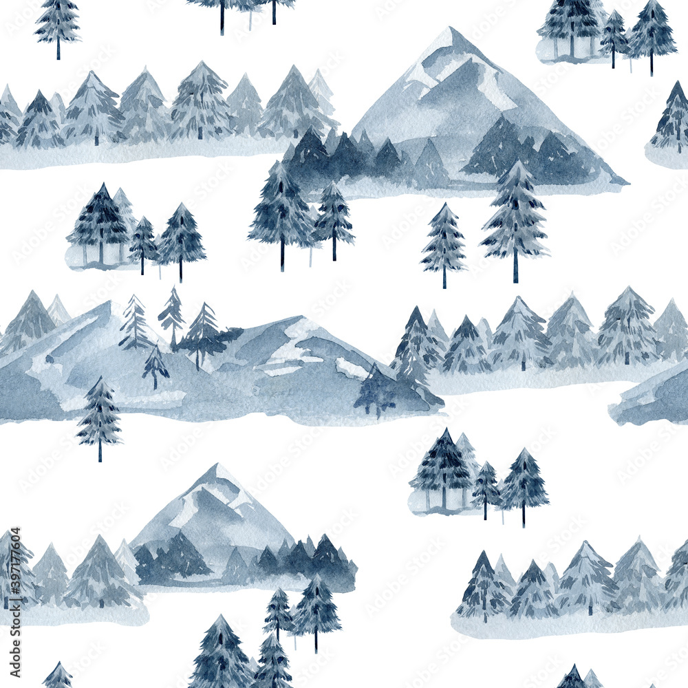 Watercolor mountaine landscape seamless pattern with forest tree. Deep ...