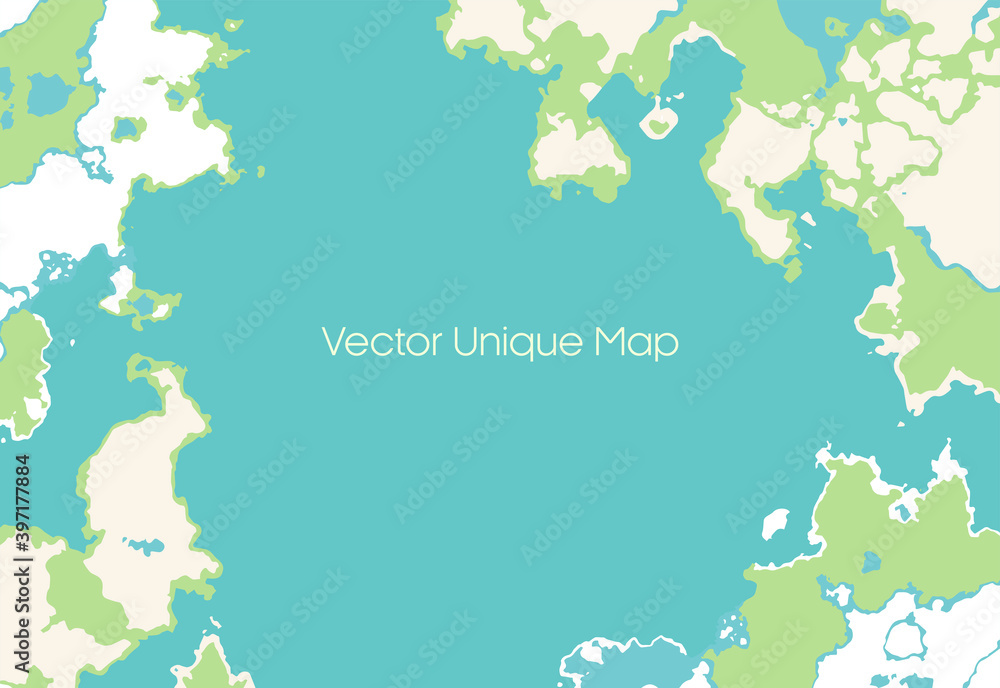 Unique map of world with various landscape, glaciers, green, ocean and ...