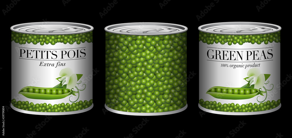 Vetor de Bannière avec 3 boites de conserve de petits pois avec 3 ...
