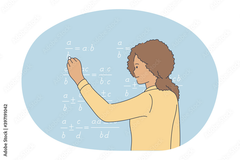 Studying in school, pupil, learning concept. Young curly girl cartoon ...