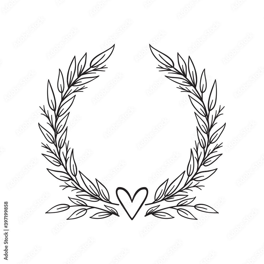 Hand drawn laurel wreath with heart vector illustration isolated on ...