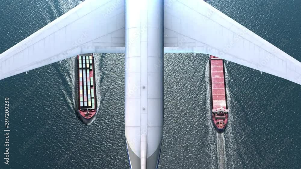 Airplane flies over Cargo ships with containers in the sea- aerial ...