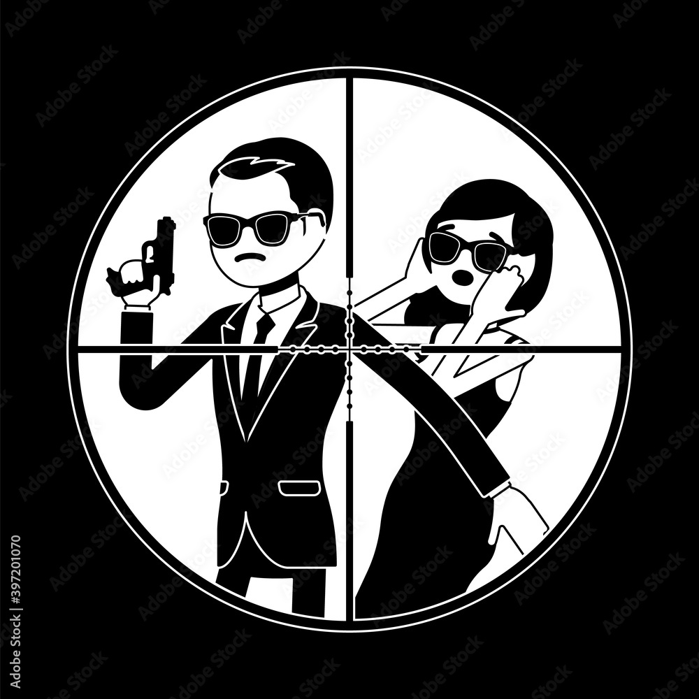 Bodyguard man protecting important famous woman in sniper optical sight ...