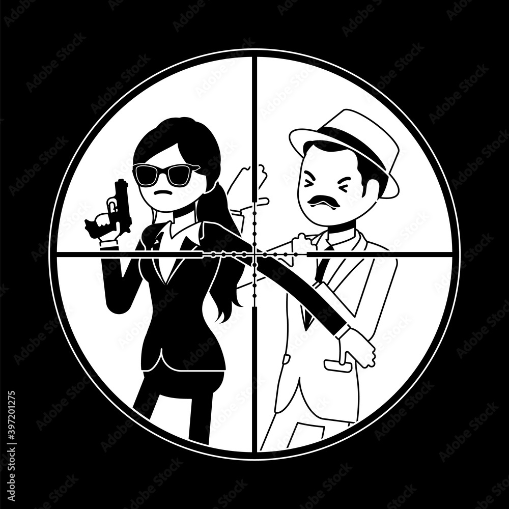 Bodyguard woman protecting important famous man in sniper optical sight ...