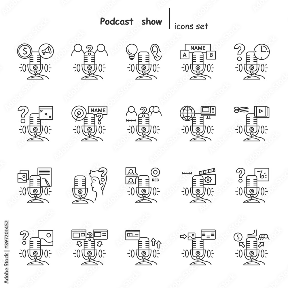 Podcast creating line icons set. Broadcasting process linear graphics, step by step. Internet ...