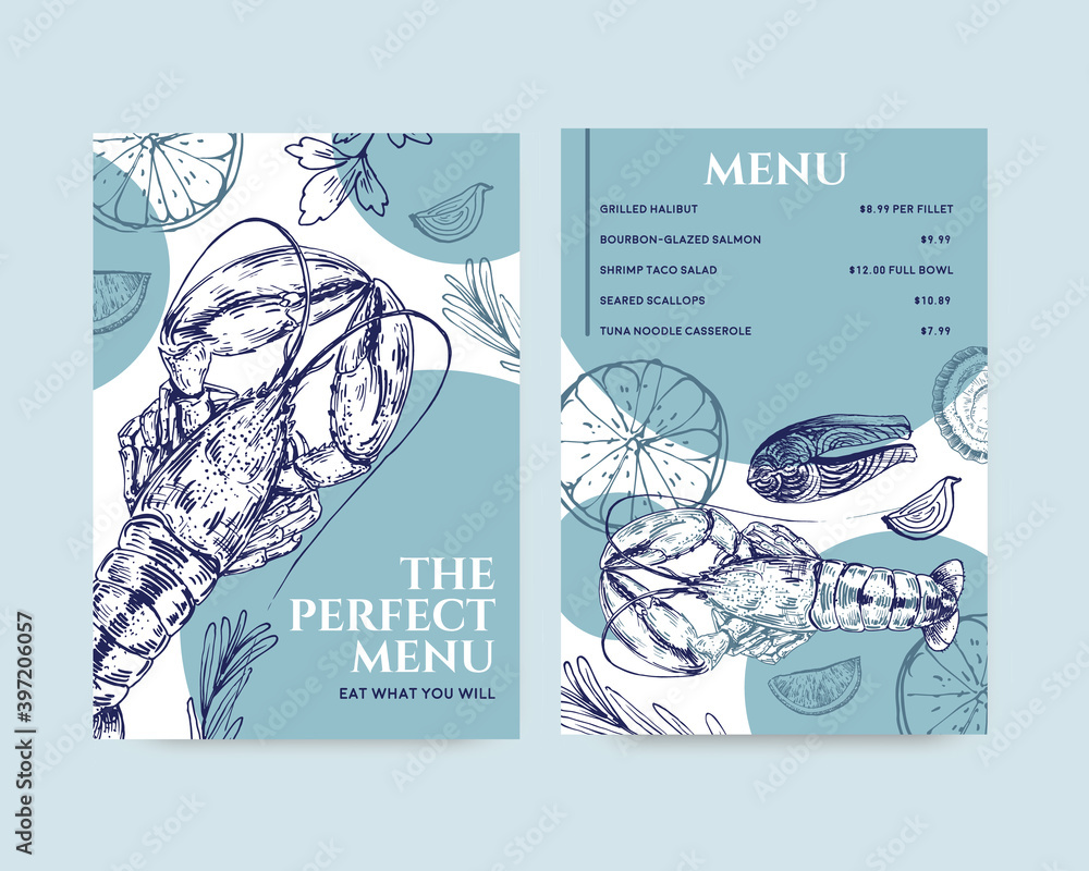 Big menu template with seafood concept design for restaurant and food ...