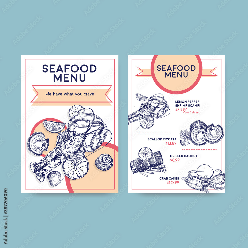 Big menu template with seafood concept design for restaurant and food ...