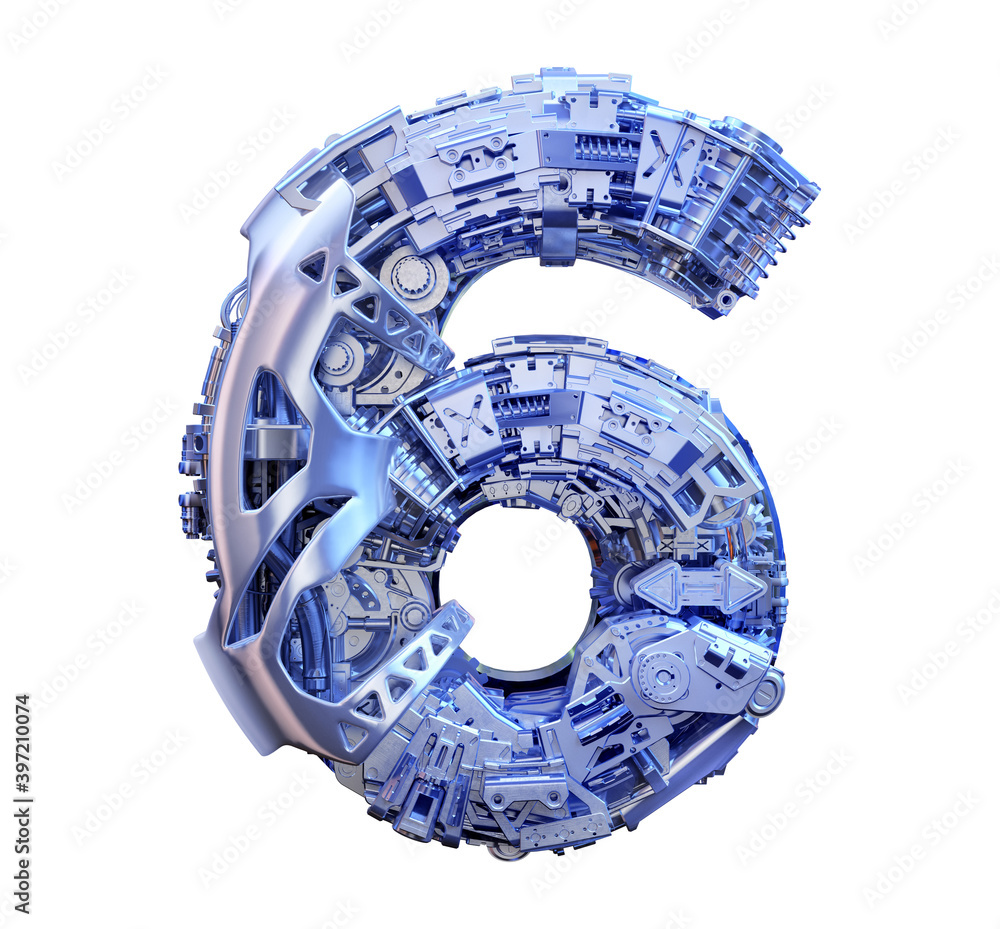 Number 6 3D sci fi logo. Cyber technology abstract texture alphabet ...
