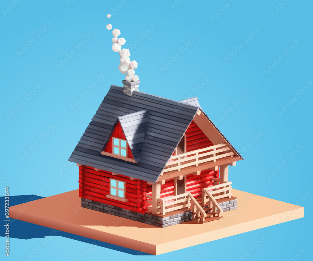 Realistic 3D vector log house, log cabin or country house. Two-story ...
