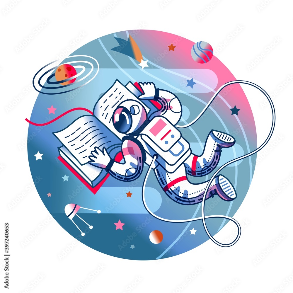 Funny astronaut reading book in space. Man flying with open book in ...