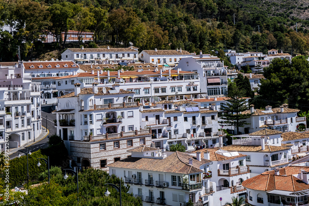 Beautiful aerial view of Mijas - Spanish hill town overlooking the ...
