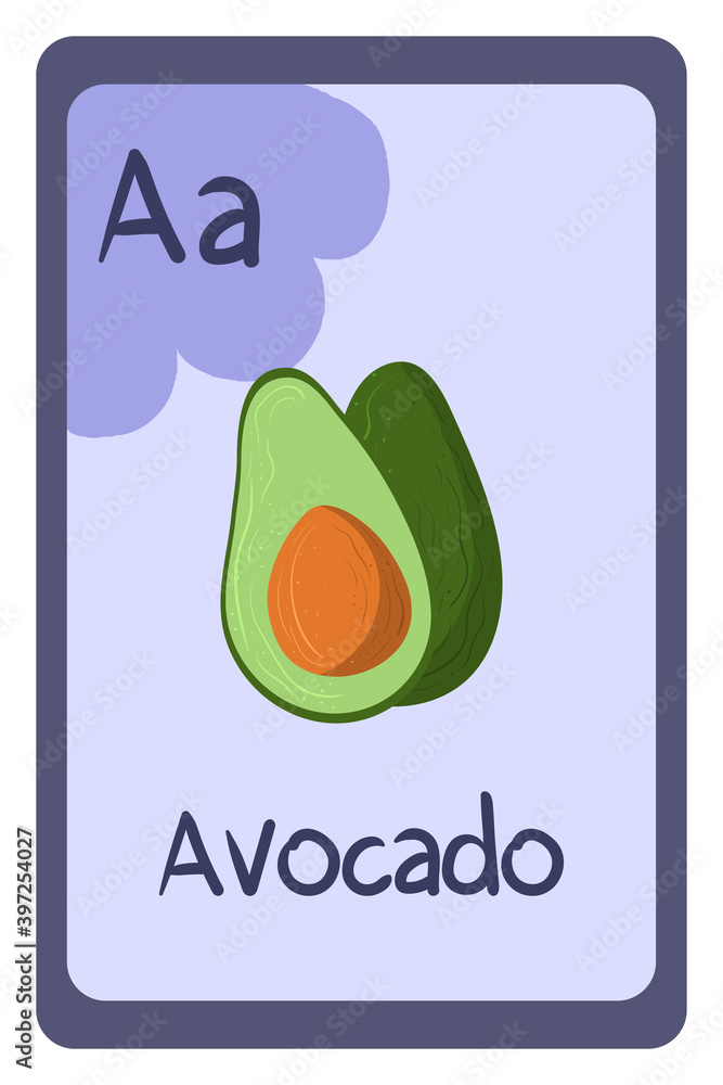 Colorful alphabet letter A - avocado. Phonics flashcard. Food themed ...