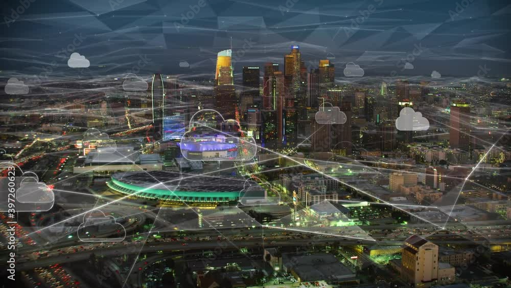 Connected aerial view of the Financial District in Downtown Los Angeles ...