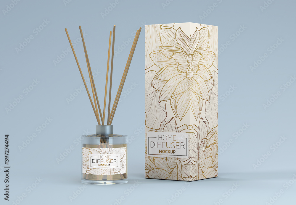 Glass Diffuser Bottle with Paper Box Mockup Stock Template | Adobe Stock