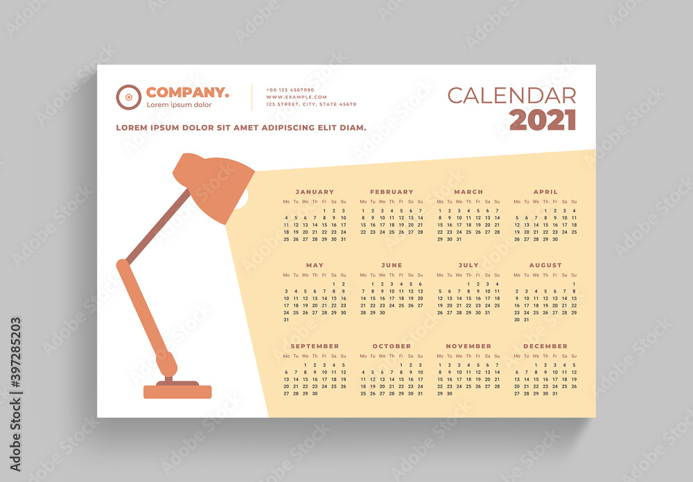 2021 Calendar Layout with Lamp Design Elements Stock Template | Adobe Stock