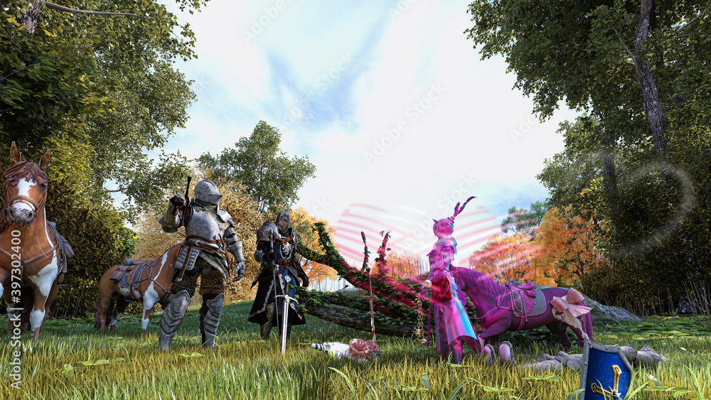 Fantasy landscape, medieval knights with armor in combat gear advance ...