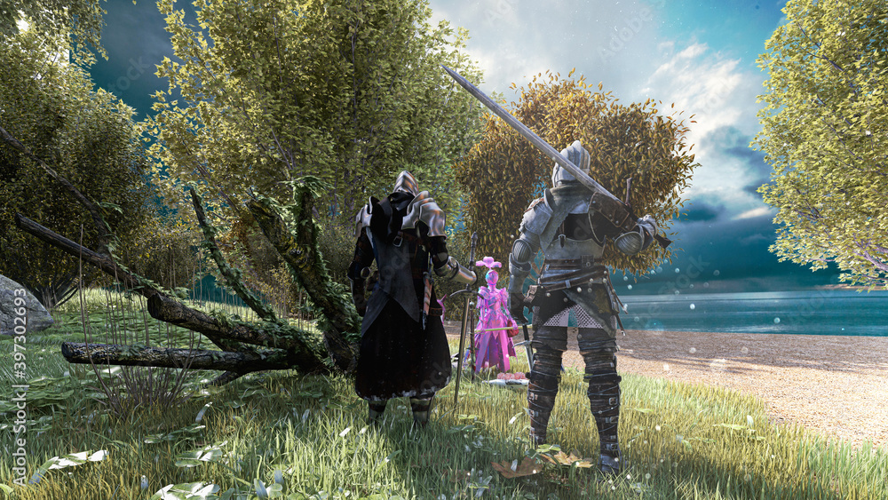 Fantasy landscape, medieval knights with armor in combat gear advance ...