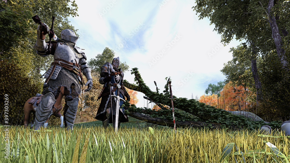 Fantasy landscape, medieval knights with armor in combat gear advance ...