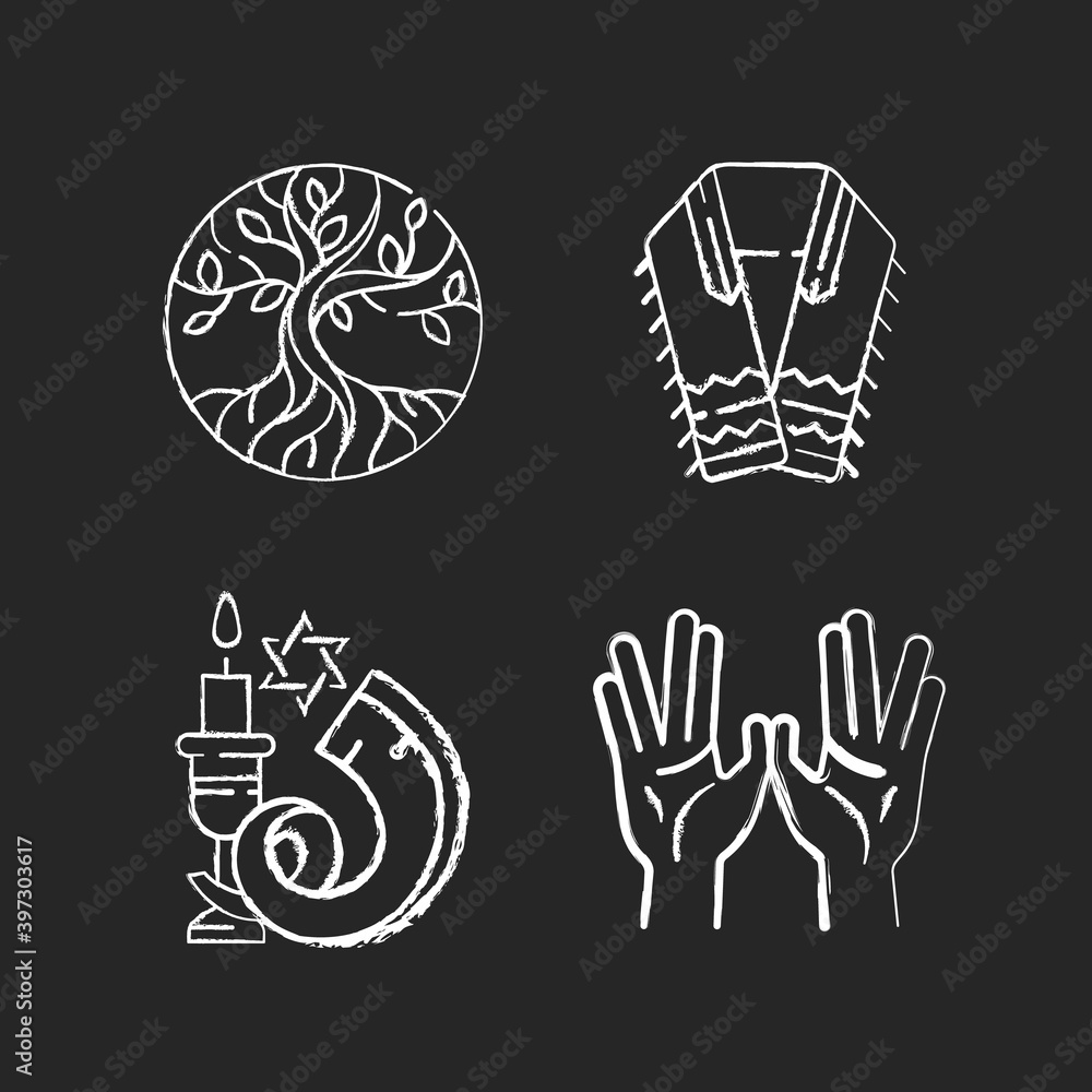 Judaism signs chalk white icons set on black background. Life tree ...