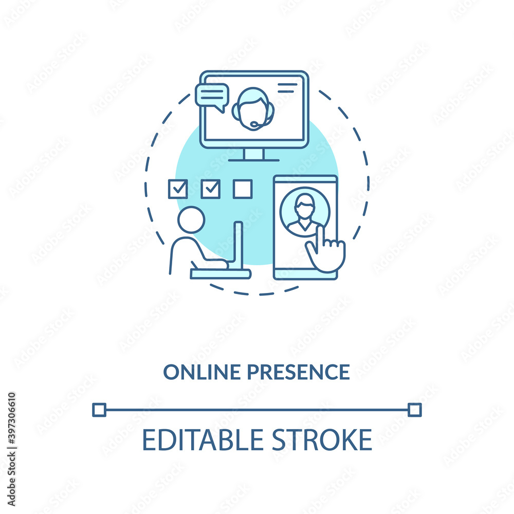 Online presence turquoise concept icon. Social media manager. Network specialist. Virtual ...