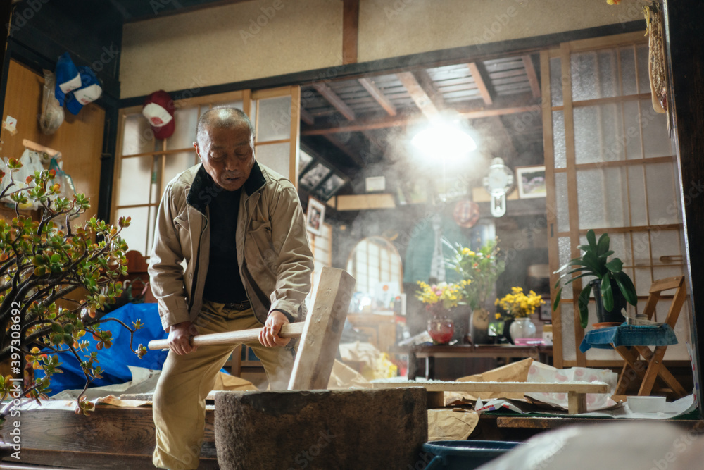 Japanese Old Man Pounding Cooked Rice to Make Mochi, Rice Cakes at Old ...
