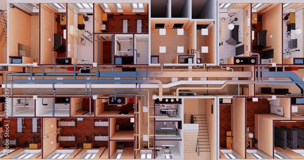 Top view 3D BIM model of the floor plan of a building with utilities ...