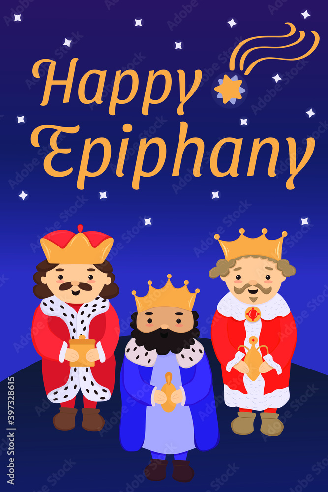 Text Happy Epiphany. Hand drawn isolated vector of three kings or wise ...