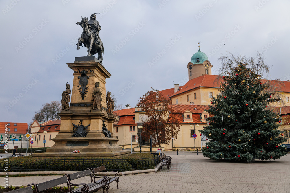 Main square of King George of Podebrady with his equestrian statue and ...