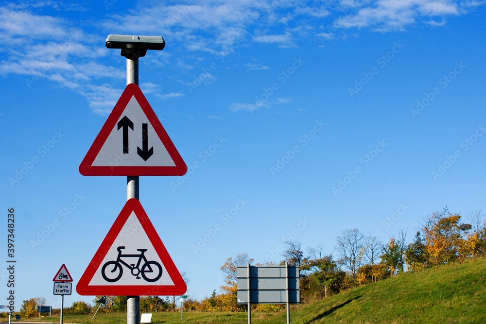 UK Triangle Road Warning signs, Two-way traffic straight ahead, with ...