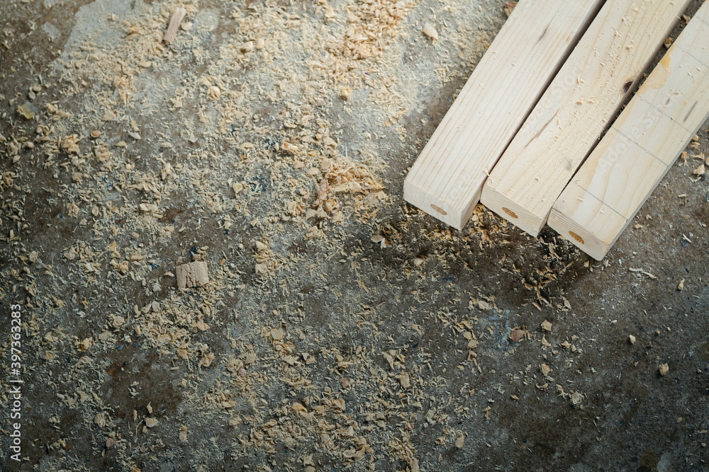 The process of making joints wood lath in the carpentry workshop. Raw ...