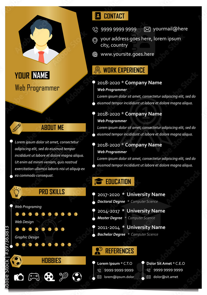 CV Resume Template Design with Luxury Gold Stylish Stock Vector | Adobe ...