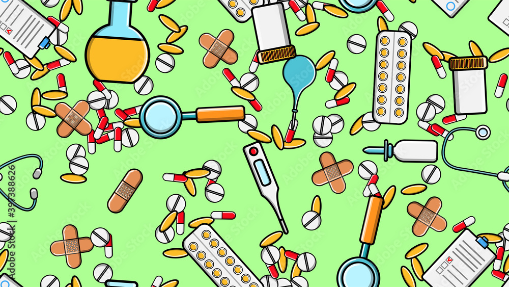 Seamless pattern texture of medicine items icons pricks pills pipettes ...