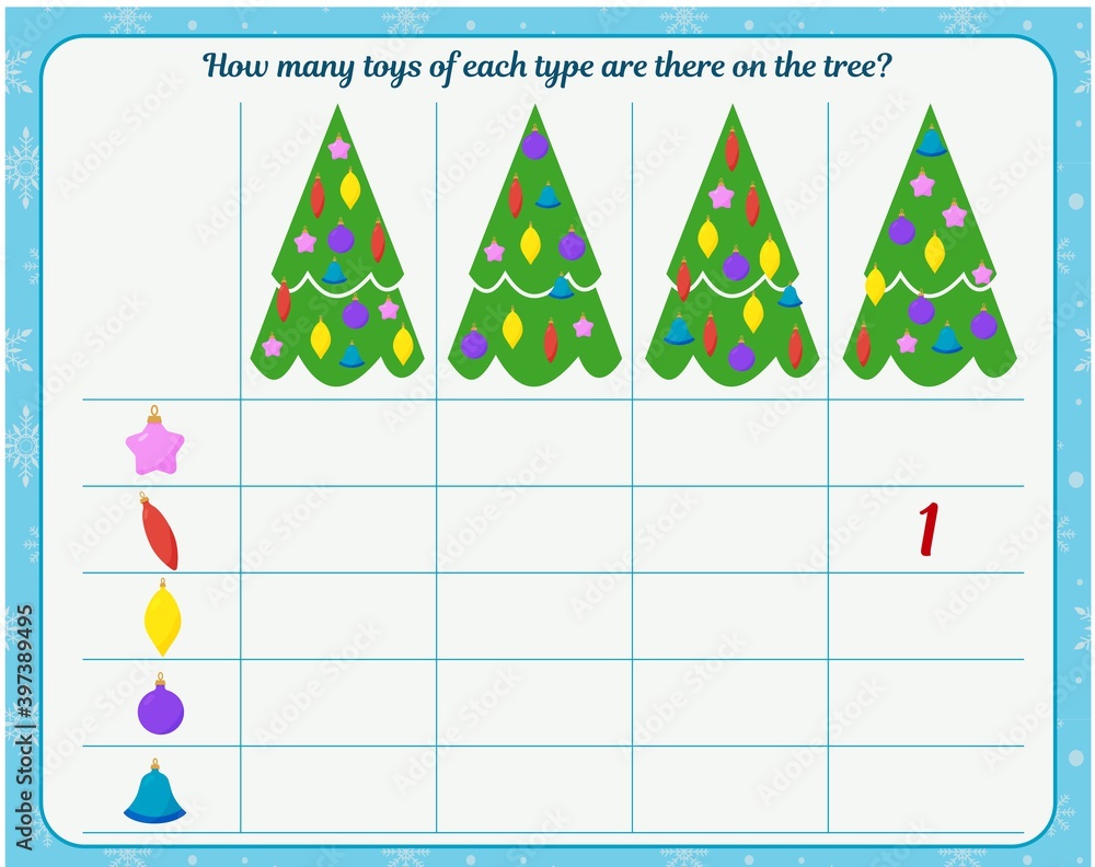 Logic game for children. Count and write down how many Christmas toys ...