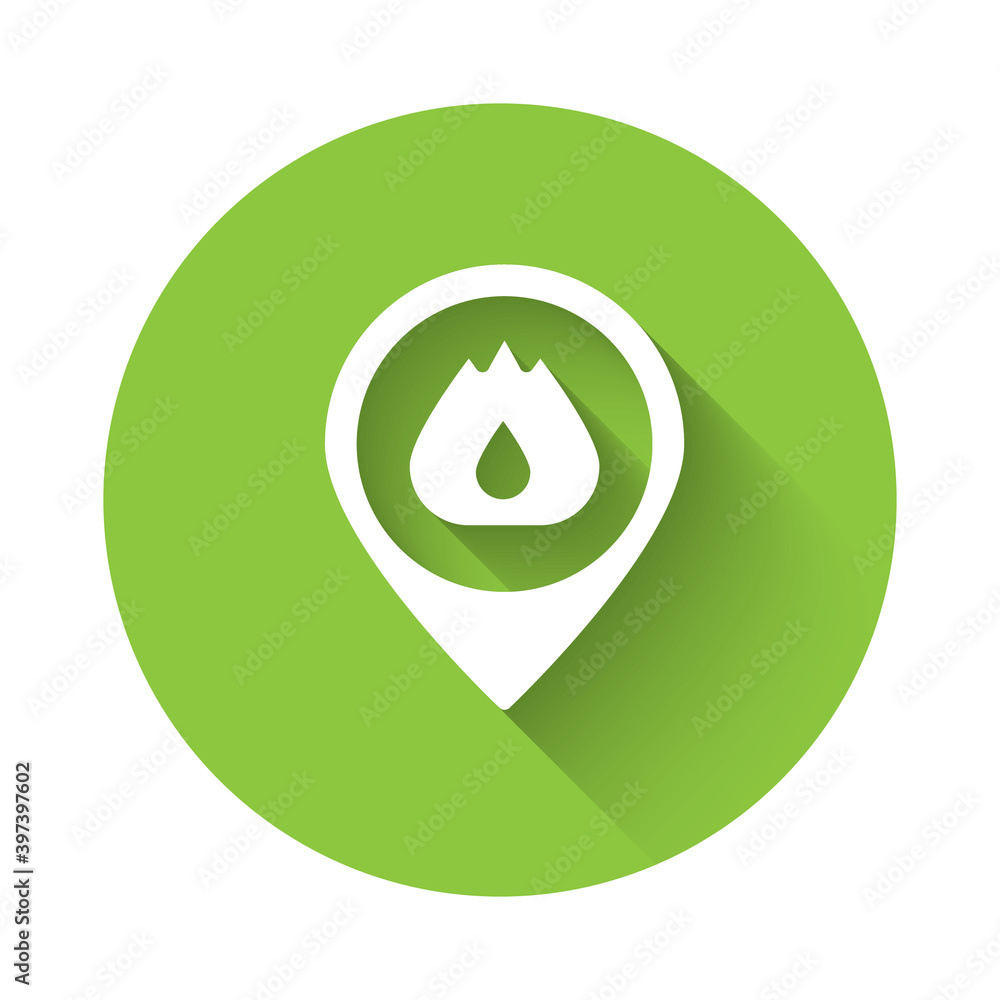 White Map pointer with fire flame icon isolated with long shadow. Fire ...