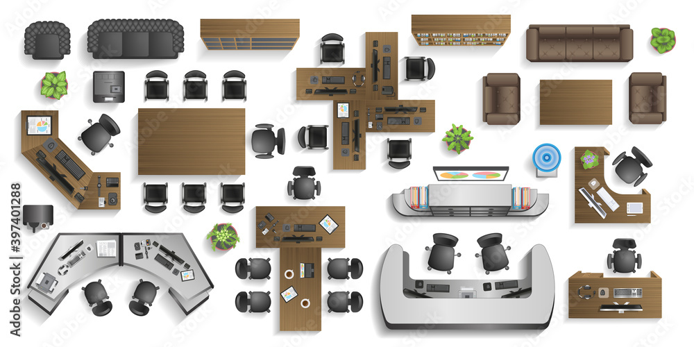 Office furniture. (top view) Desks, chairs, cabinets, sofas, computers ...