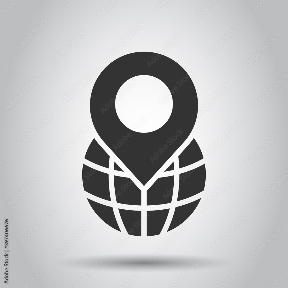 Global navigation icon in flat style. Globe pin gps vector illustration ...