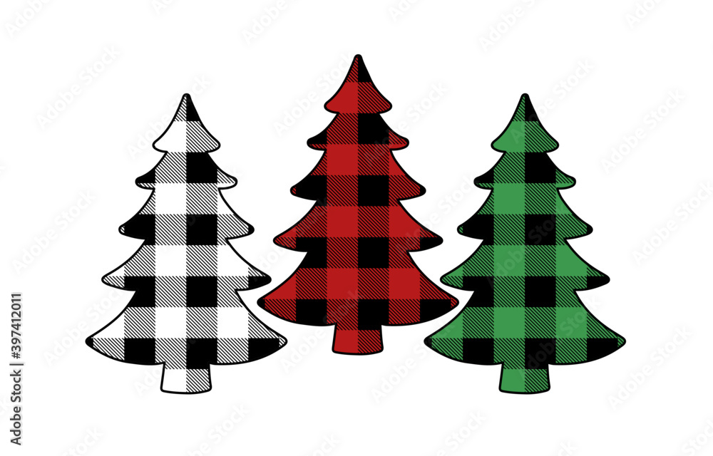 Christmas trees set with Buffalo plaid ornament in red, green and white ...