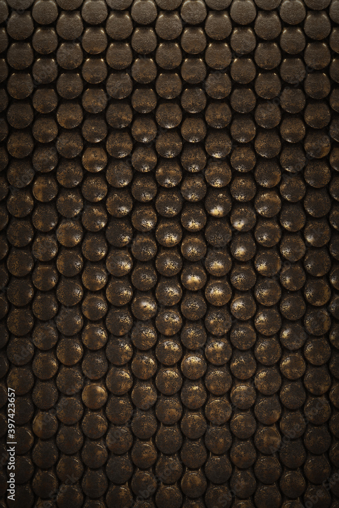 Luxury dark gold texture of styled snake scales. Frontal view. 3d ...