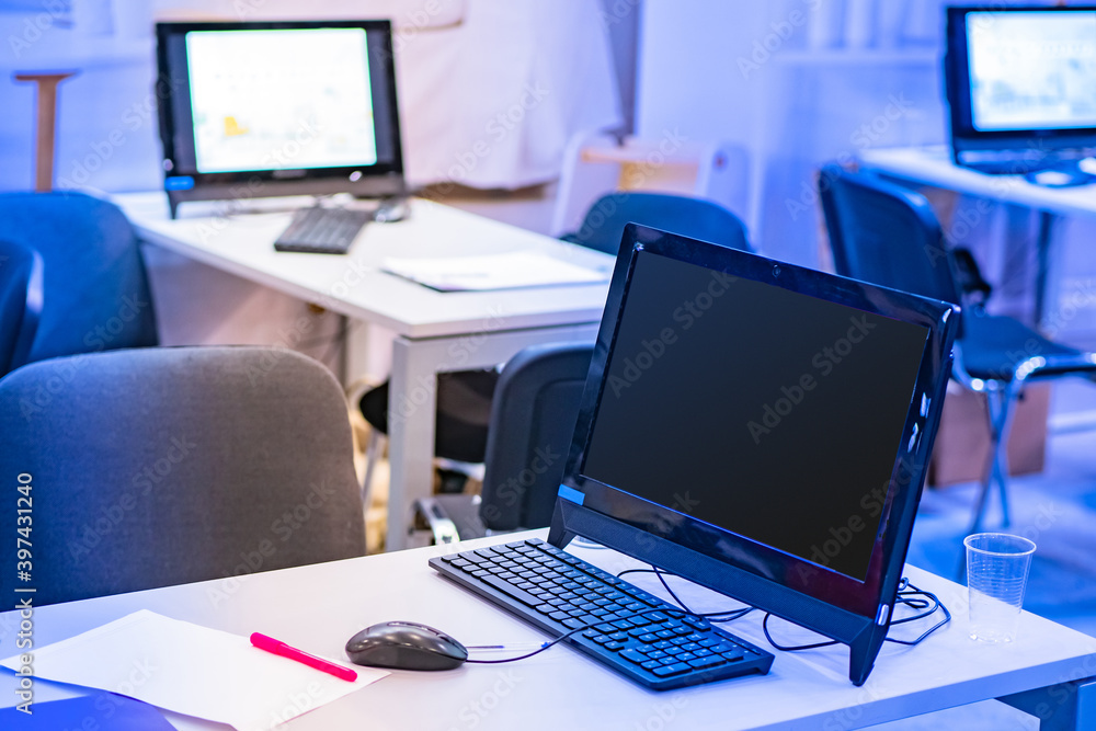 Computer class without people. Computer testing. Interactive learning ...