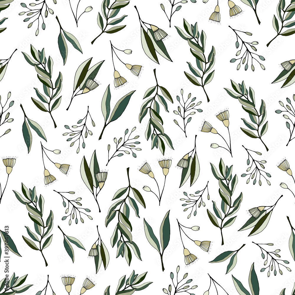 Seamless pattern with eucalyptus leaves and flowers. Eucalyptus branch ...