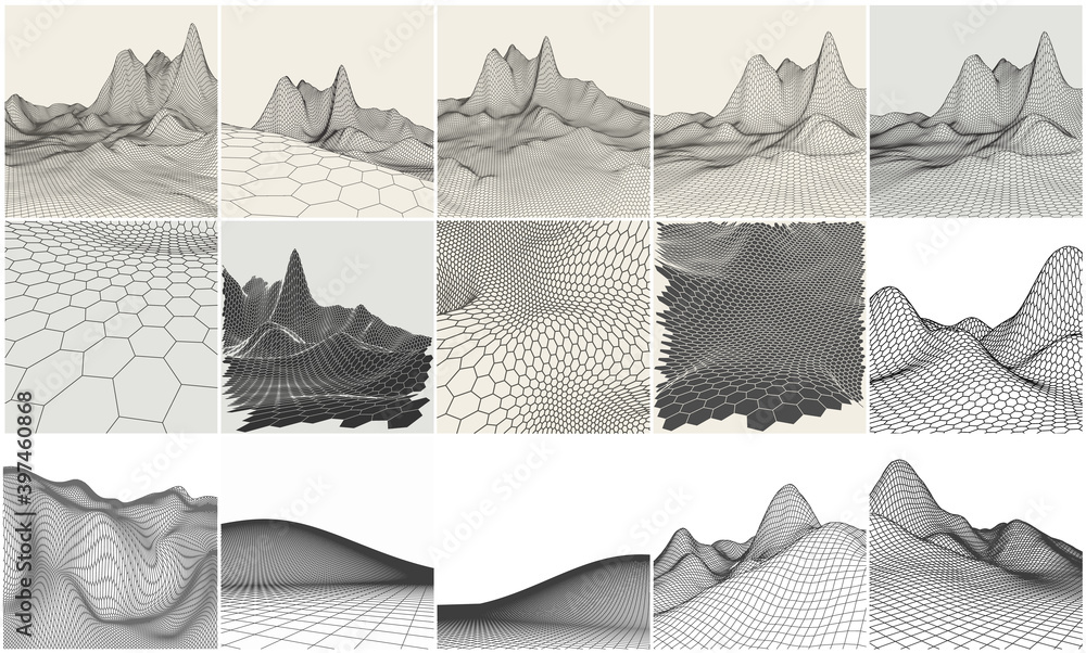 Wireframe landscape backgrounds set. EPS 10 Vector illustration ...