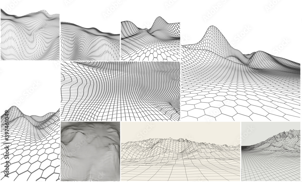 Wireframe landscape backgrounds set. EPS 10 Vector illustration ...