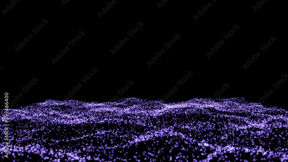 Abstract particles of lilac color in random motion in space on a black ...