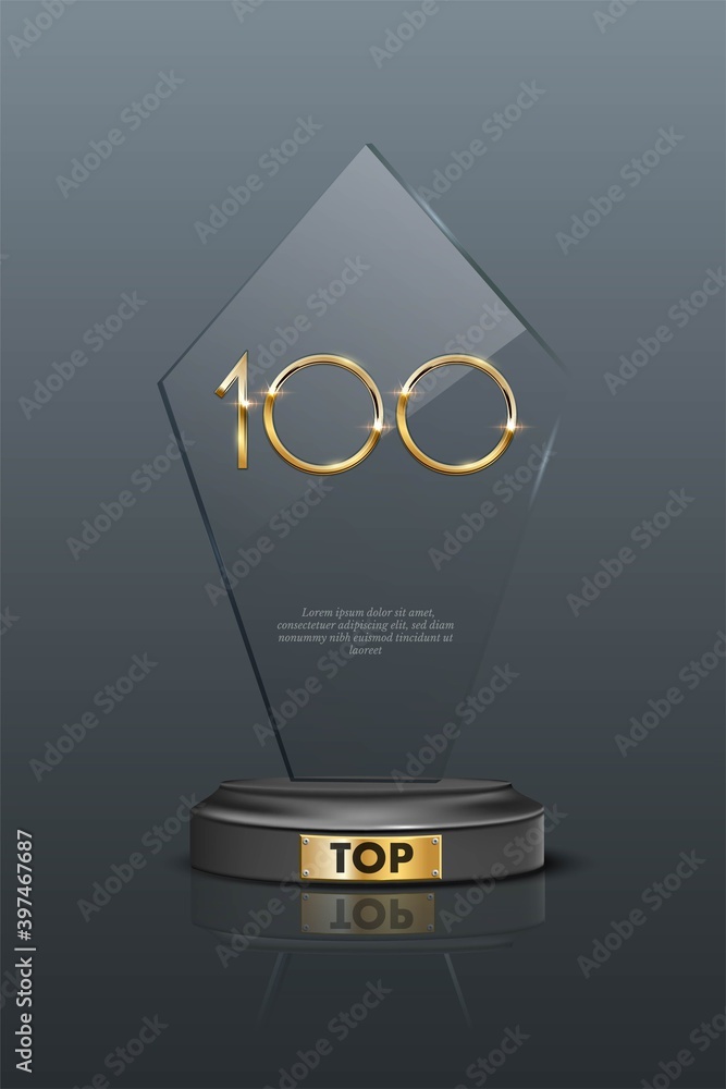 Top 100 award trophy. Glass rectangular prize with gold number one ...