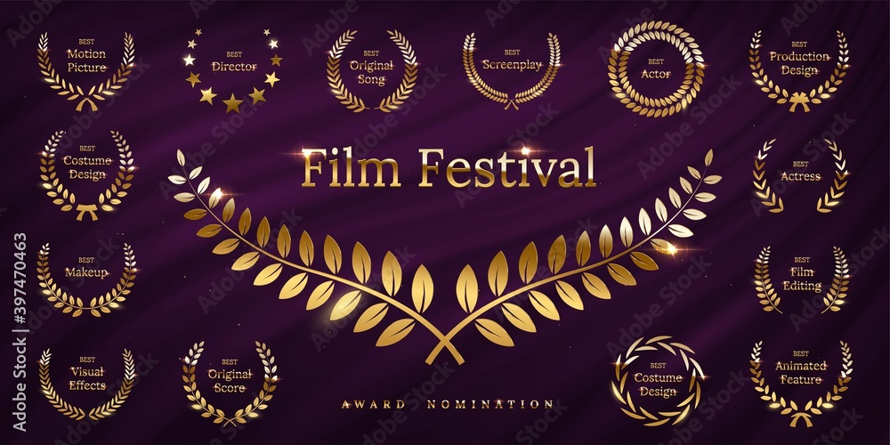 Golden shiny award laurel wreaths isolated on violet waving curtain ...